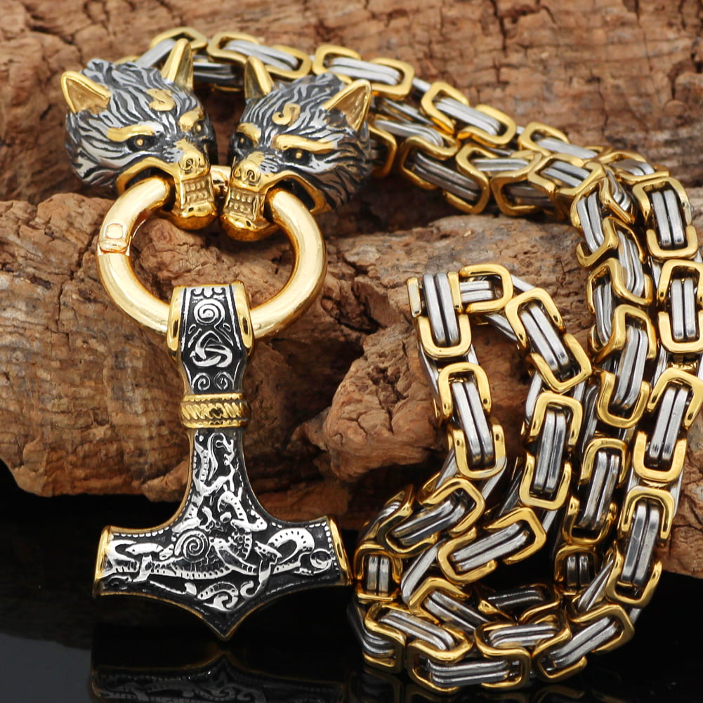 Colar vikings maravilhoso com cabeça de lobo pingente Mjölnir mesclando ...