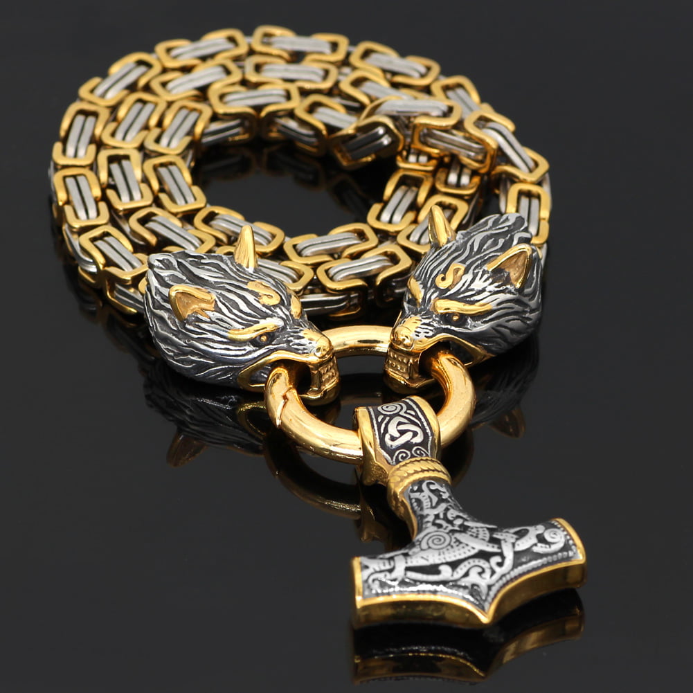 Colar vikings maravilhoso com cabeça de lobo pingente Mjölnir mesclando ...