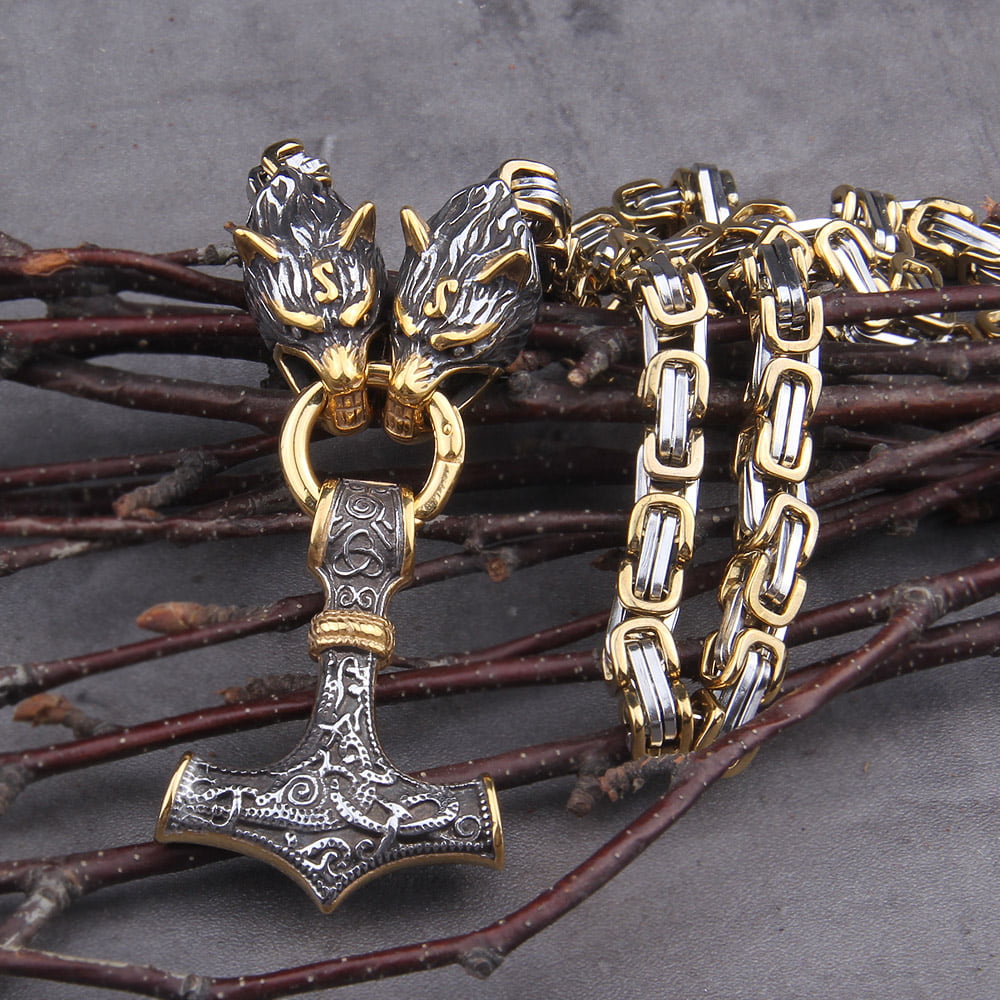 Colar vikings maravilhoso com cabeça de lobo pingente Mjölnir mesclando ...